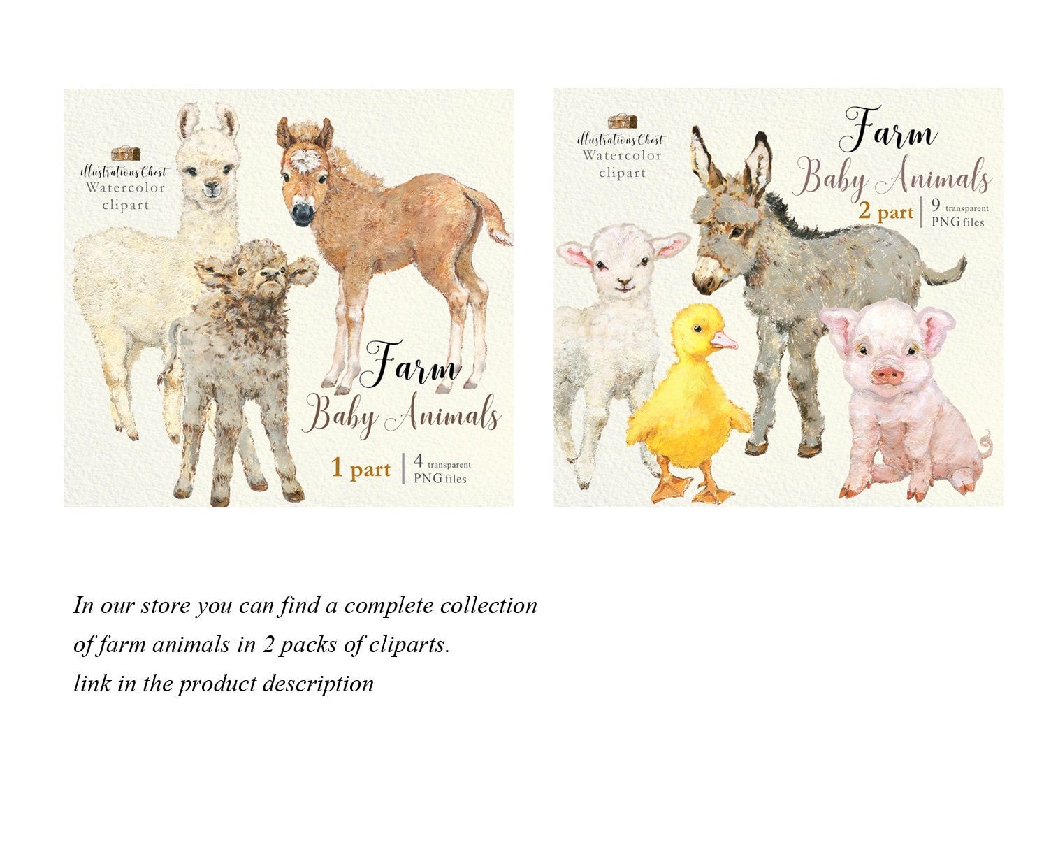 Farm Animals Family Clipart Donkey Pig Duckling Lamb, Watercolor ...