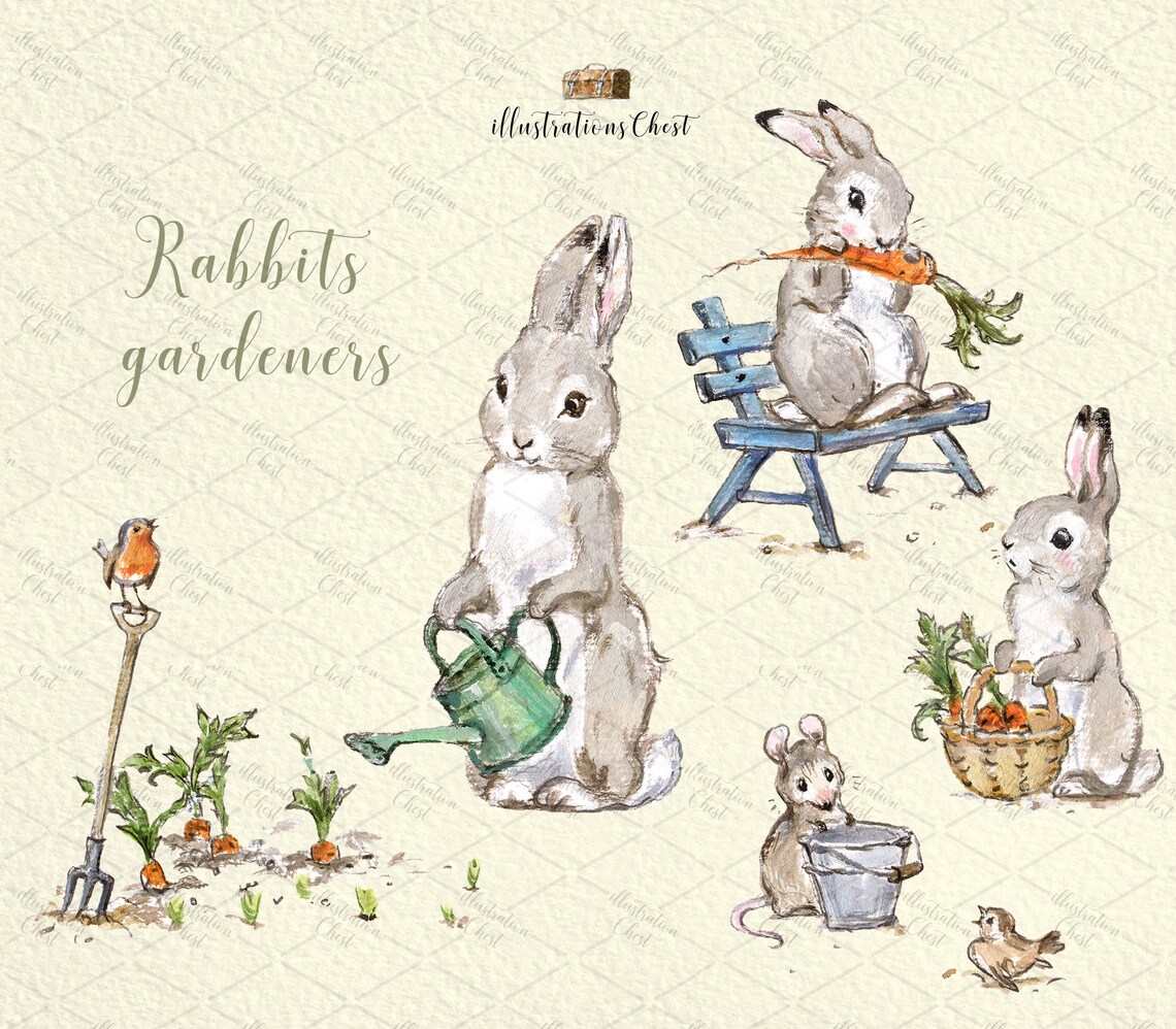 Cute Bunny in the Garden Clipart. Friendly Family of Rabbit Watercolor ...
