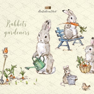 Cute Bunny in the Garden Clipart. Friendly Family of Rabbit Watercolor ...