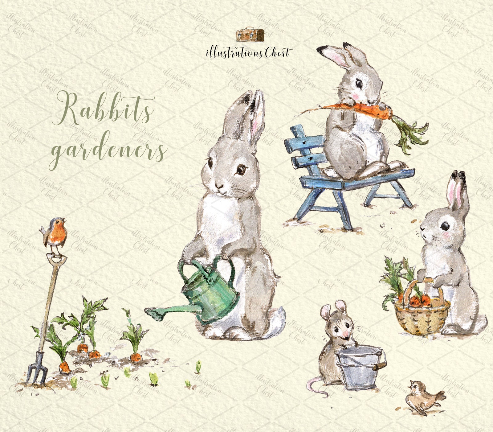 Cute Bunny in the Garden Clipart. Friendly Family of Rabbit Watercolor ...