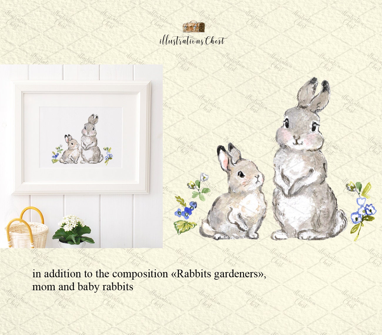 Cute Bunny in the Garden Clipart. Friendly Family of Rabbit Watercolor ...