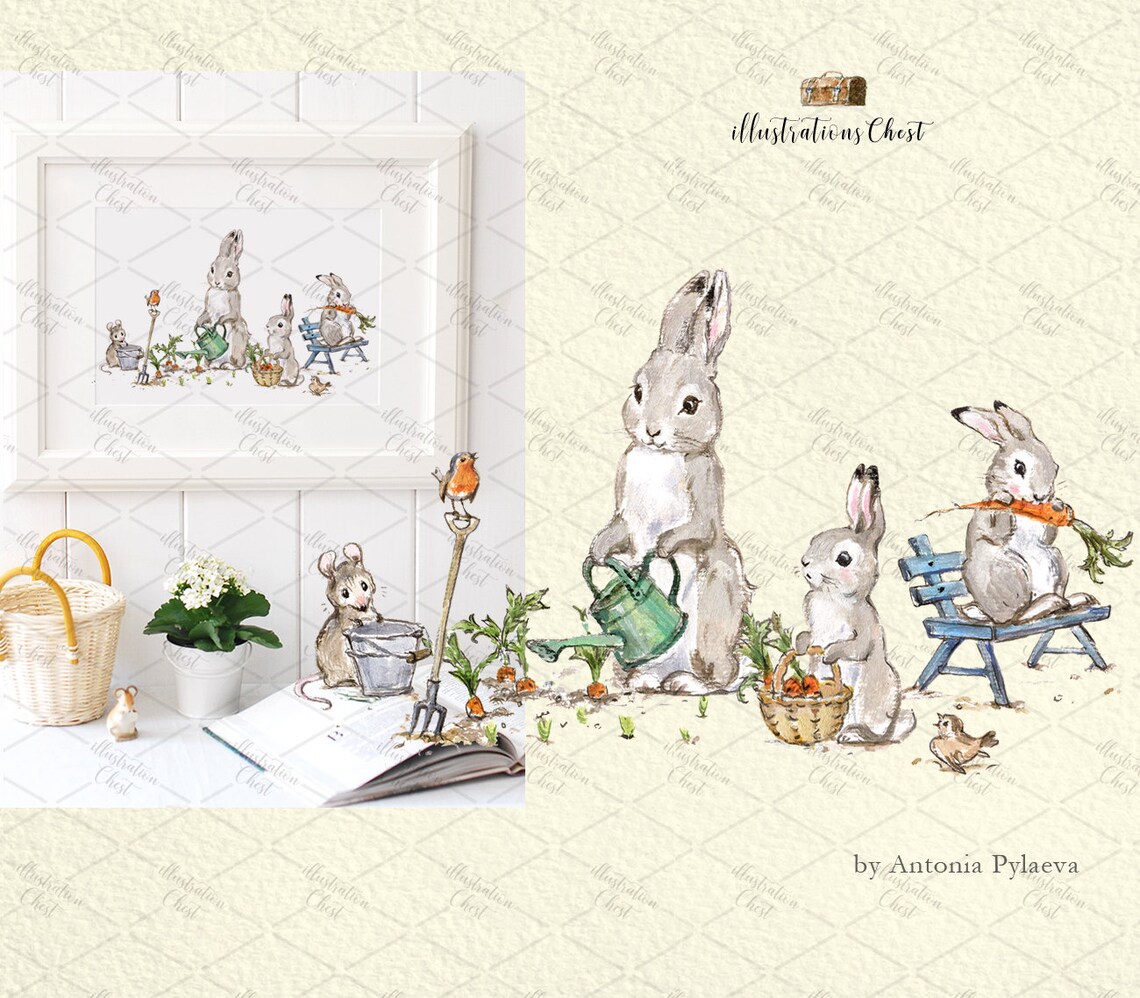 Cute Bunny in the Garden Clipart. Friendly Family of Rabbit Watercolor ...