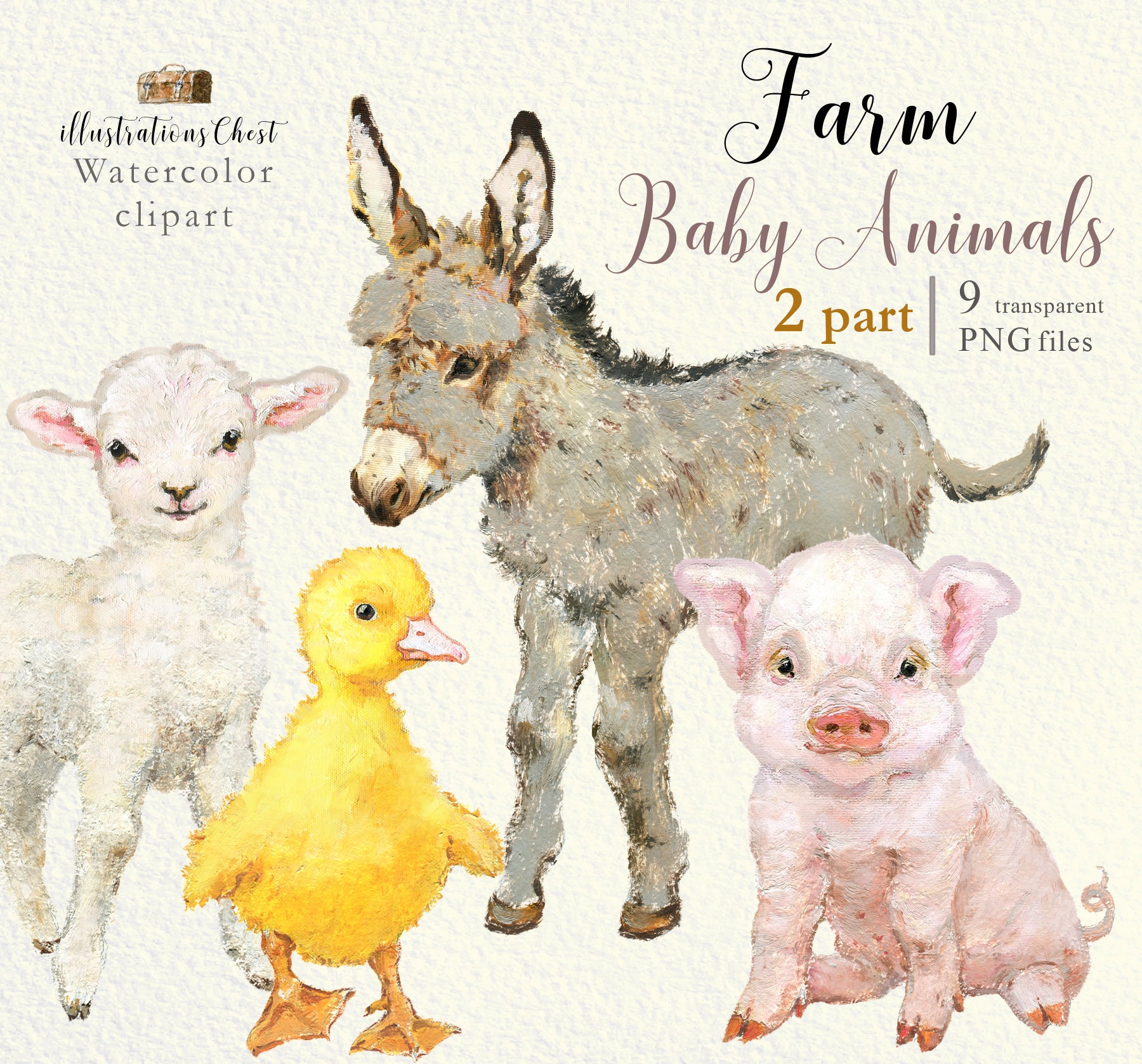 Farm Animals Family Clipart Donkey Pig Duckling Lamb, Watercolor ...