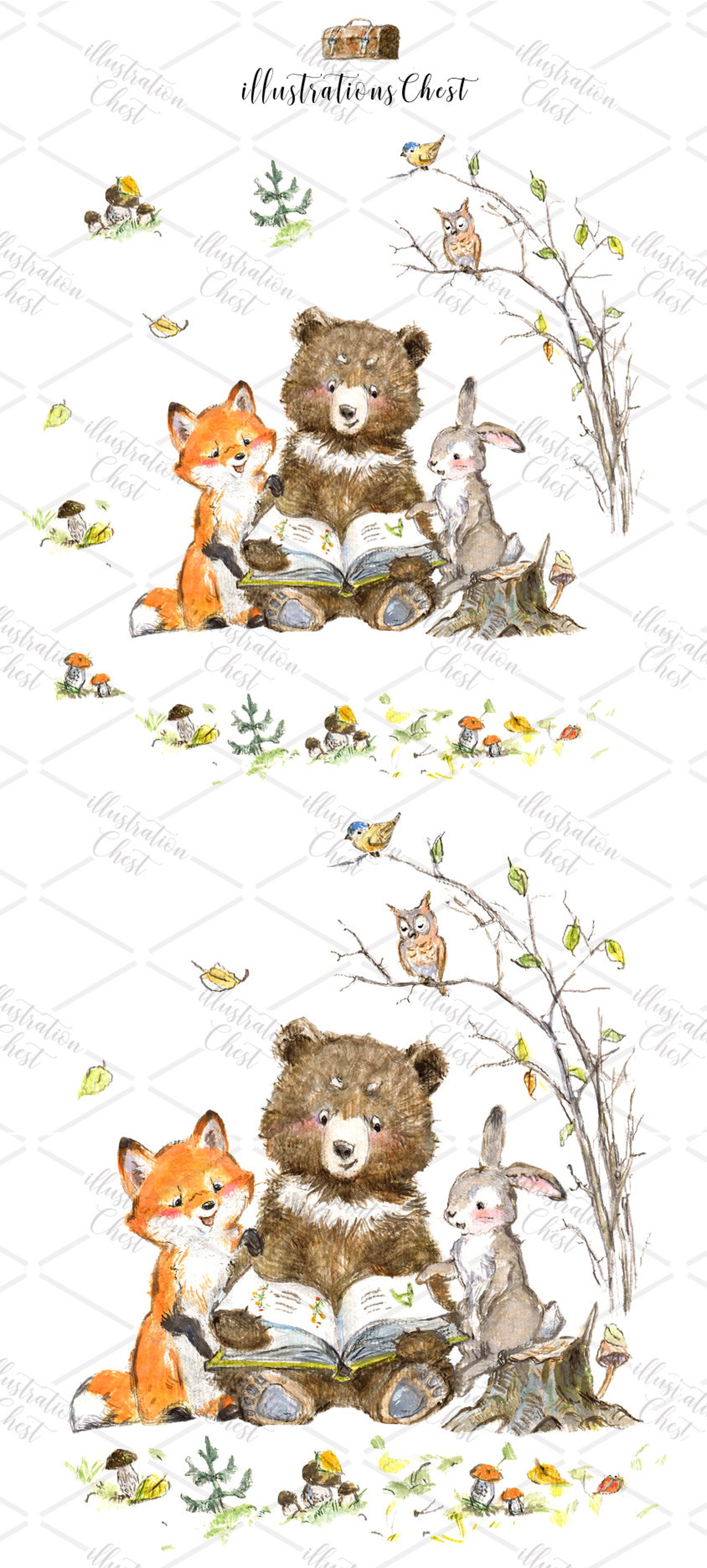 Reading Animals Clipart, Woodland Nursery Art, Bear Clipart Nursery Art ...