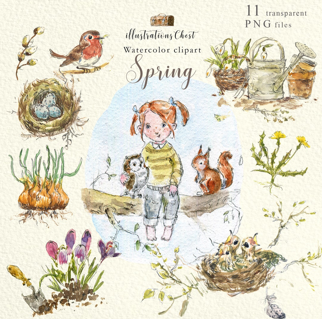 Spring Girl Clipart, Nest, Flowers. Spring Forest Clip Art Flower Girl ...