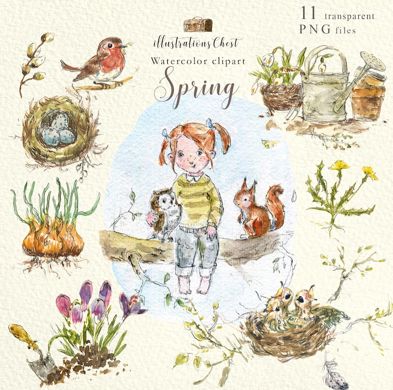 Spring Girl Clipart, Nest, Flowers. Spring Forest Clip Art Flower Girl ...