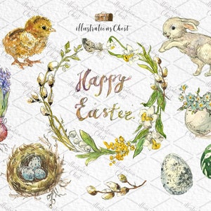 Cute Easter Clipart Rabbits in Flowers Basket, Cute Easter Chicks ...