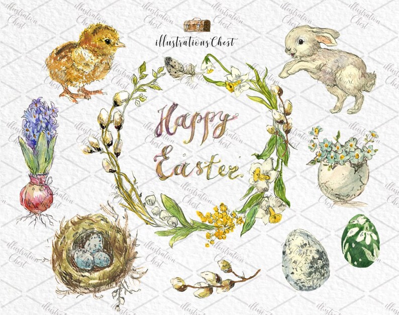 Cute Easter Clipart Rabbits in Flowers Basket, Cute Easter Chicks ...