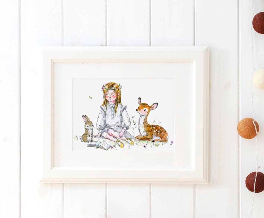 Wonderland Unicorn Clipart Watercolor Clipart Girl Reads a - Etsy