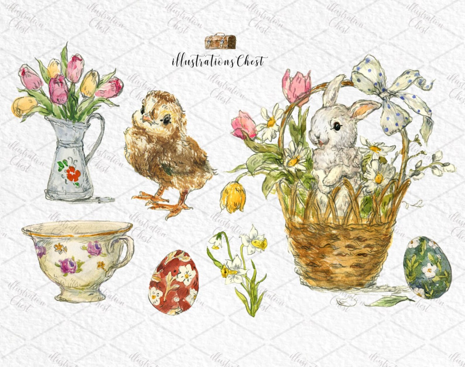 Cute Easter Clipart Rabbits in Flowers Basket, Cute Easter Chicks ...