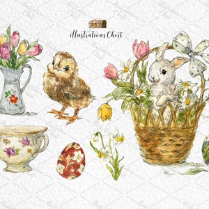 Cute Easter Clipart Rabbits in Flowers Basket, Cute Easter Chicks ...