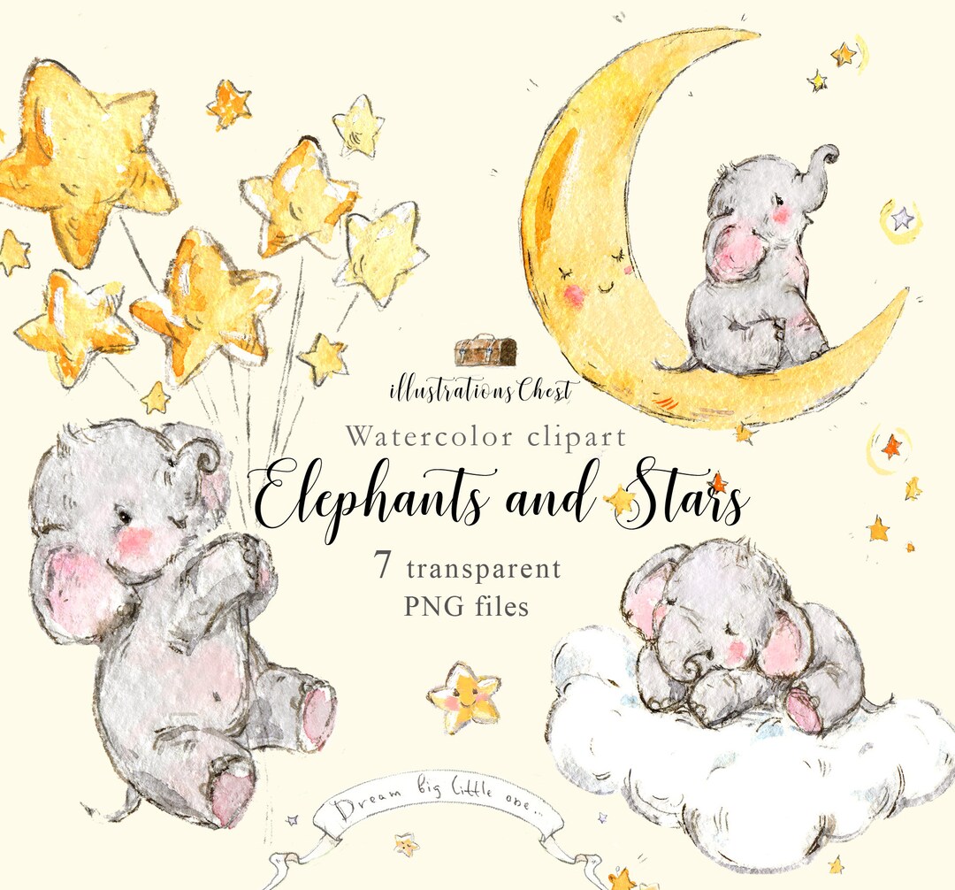 Baby Elehpants Watercolor Clipart, Little Elephant Sleeping on a Cloud ...