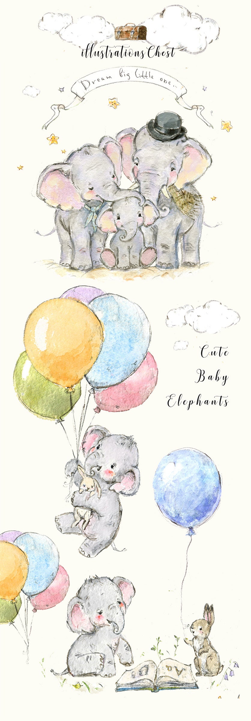 Flying Baby Elephants Clipart, Elephant Family Nursery Wall Art, Baby ...