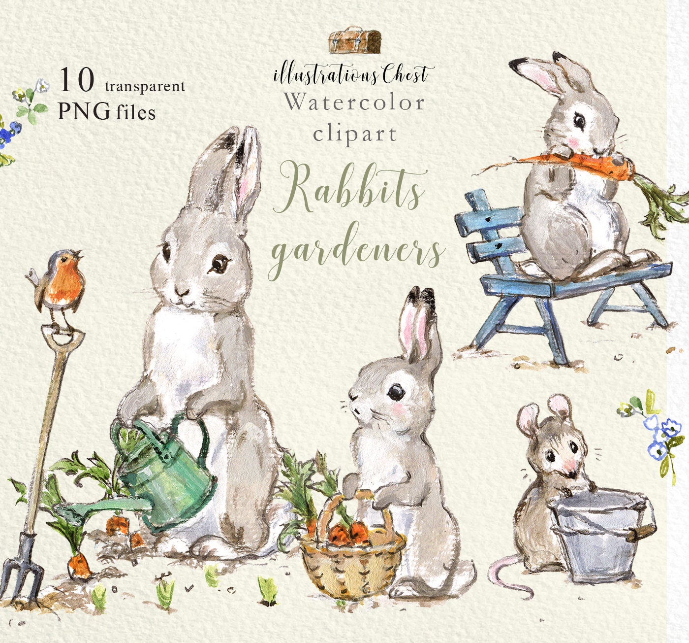 Cute Bunny in the Garden Clipart. Friendly Family of Rabbit Watercolor ...
