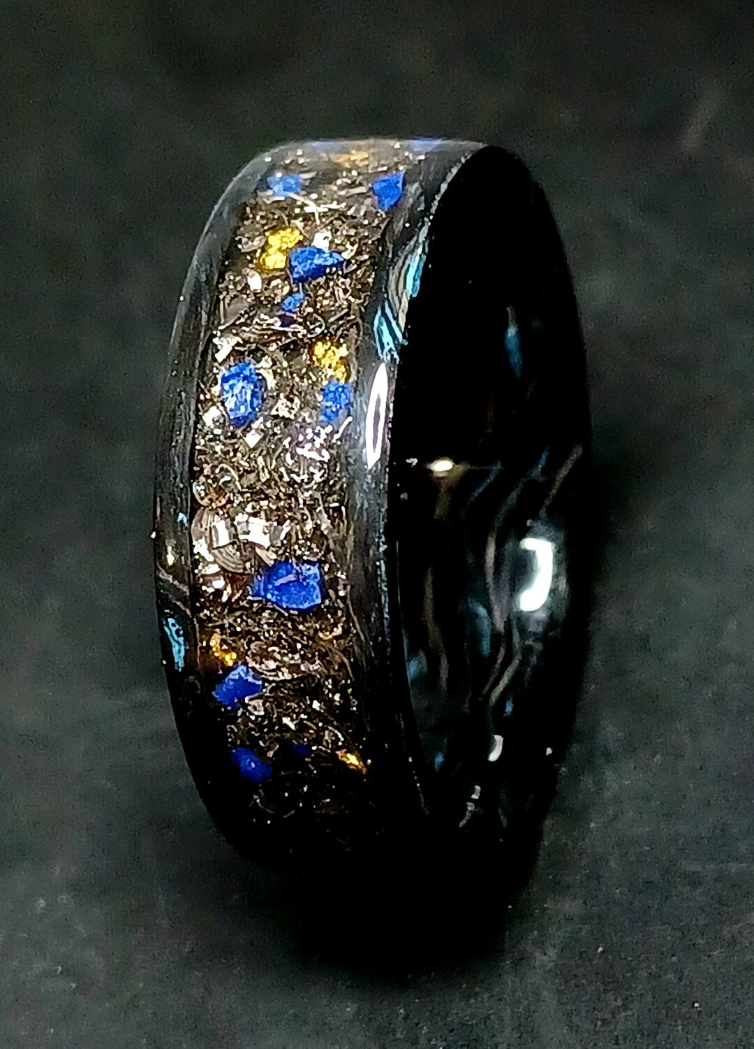 Blue Marbled Carbon Fiber, Panned Gold, Lapis and Meteorite Ring - Etsy