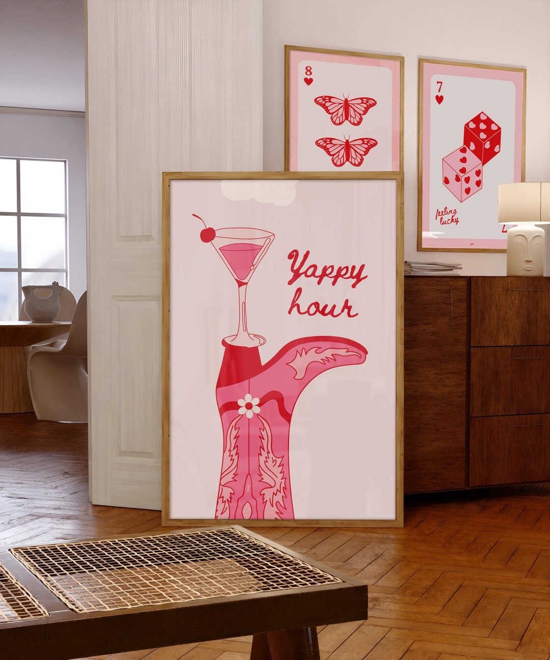Cowgirl Boot Cocktail Wall Art | Pink & Red Yappy Hour Print | Trendy ...