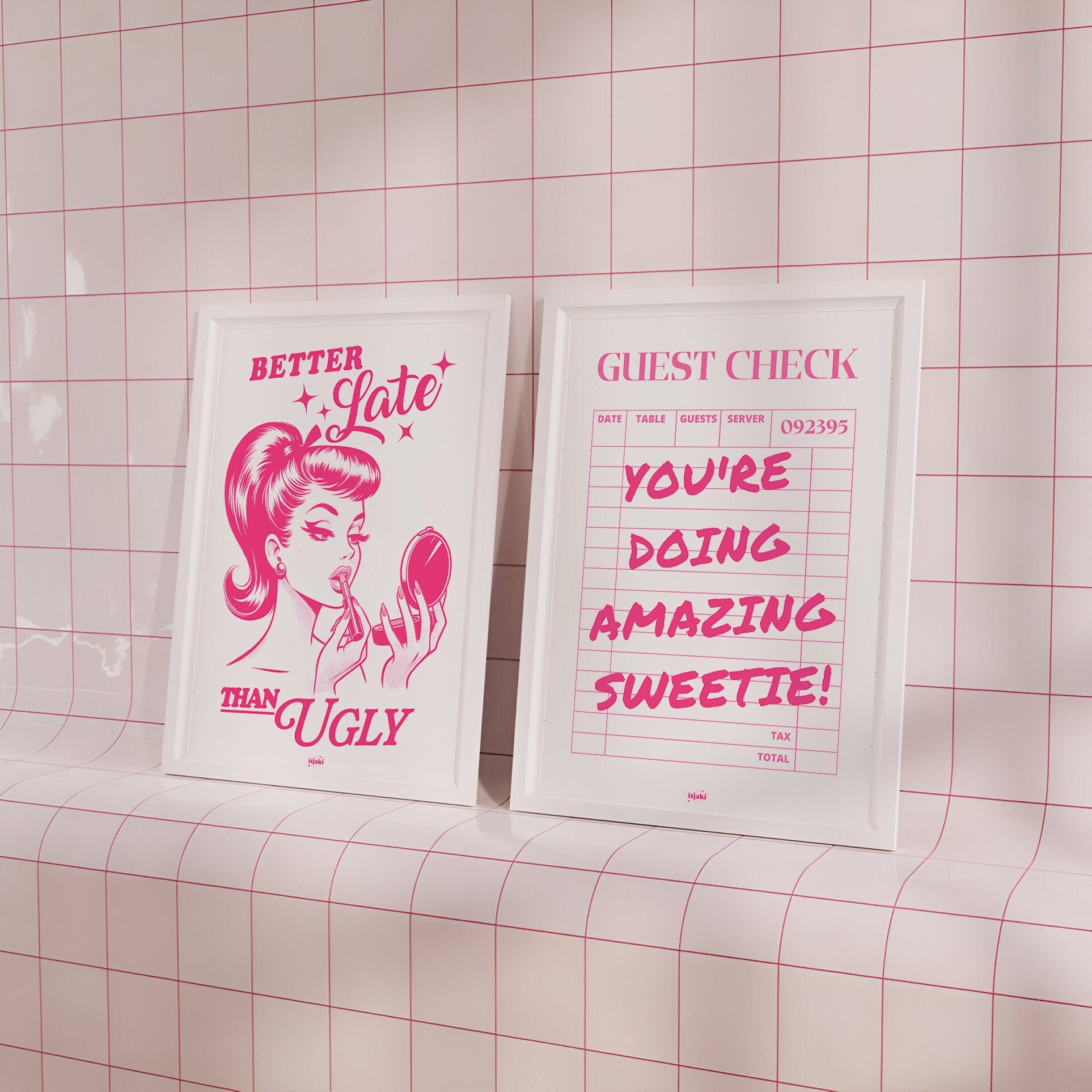 Pink Girly Print Set of 2, Better Late Than Ugly Poster, You're Doing Amazing Sweetie, Retro ...