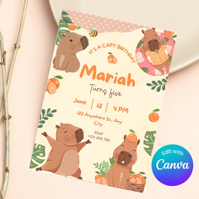 Editable Capybara Invitation , Capybara Birthday , Capy Birthday ...