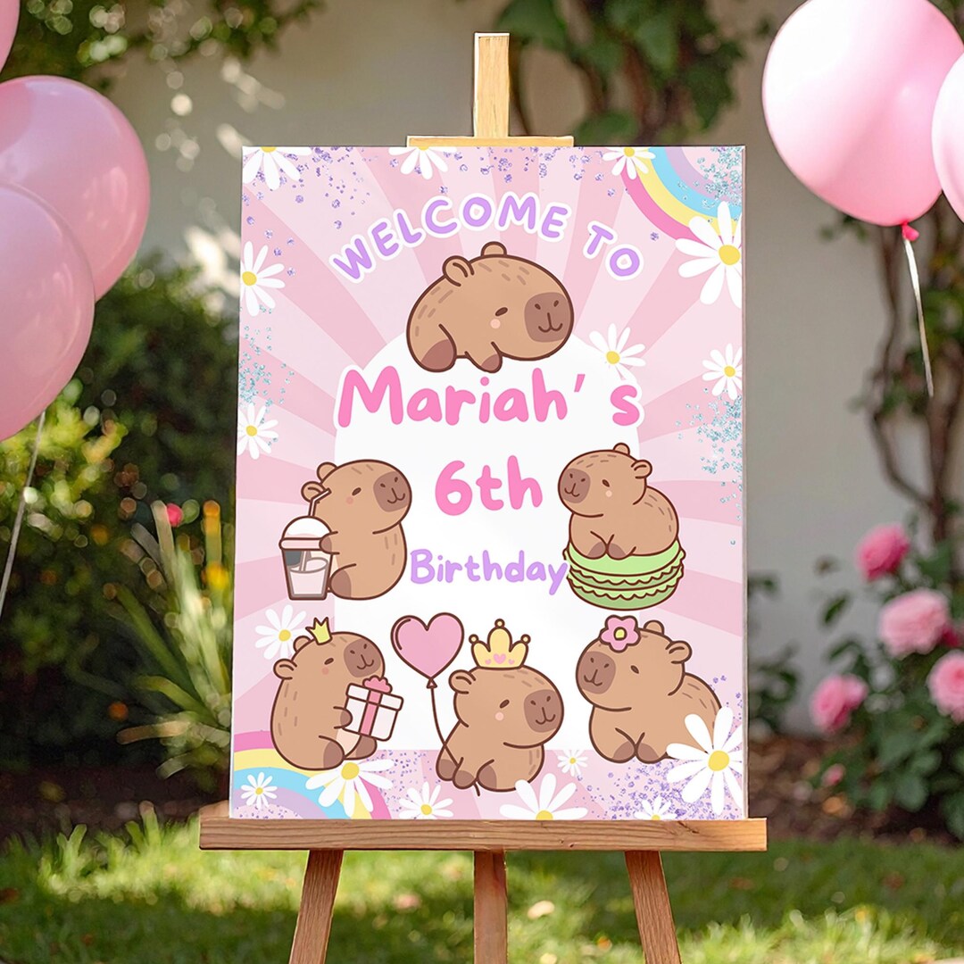 Capybara Birthday Welcome Sign, Cute Pink Capy Party Decor, (canva ...