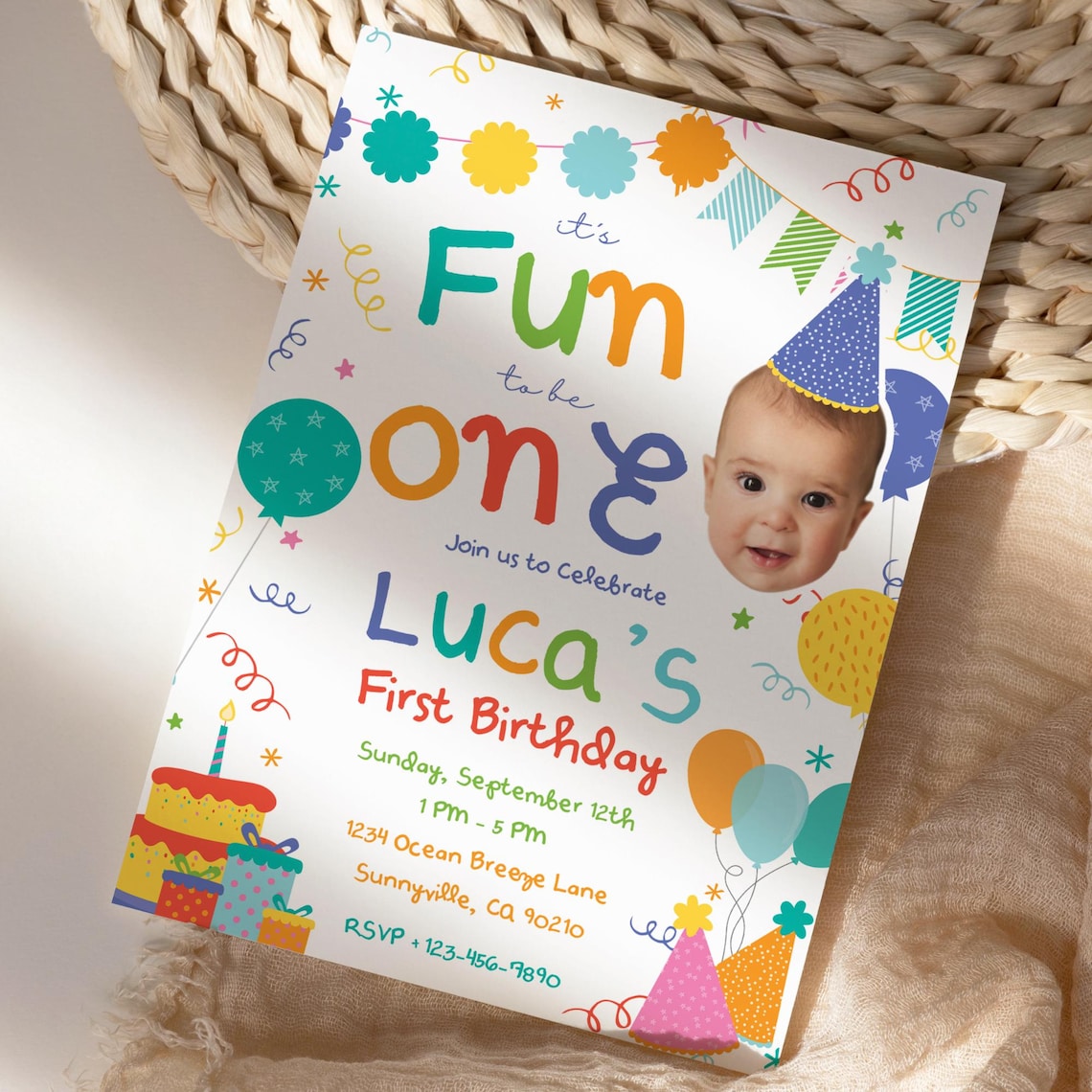 Fun to Be One Photo 1st Birthday Invitatio, Boys and Girls Primary ...