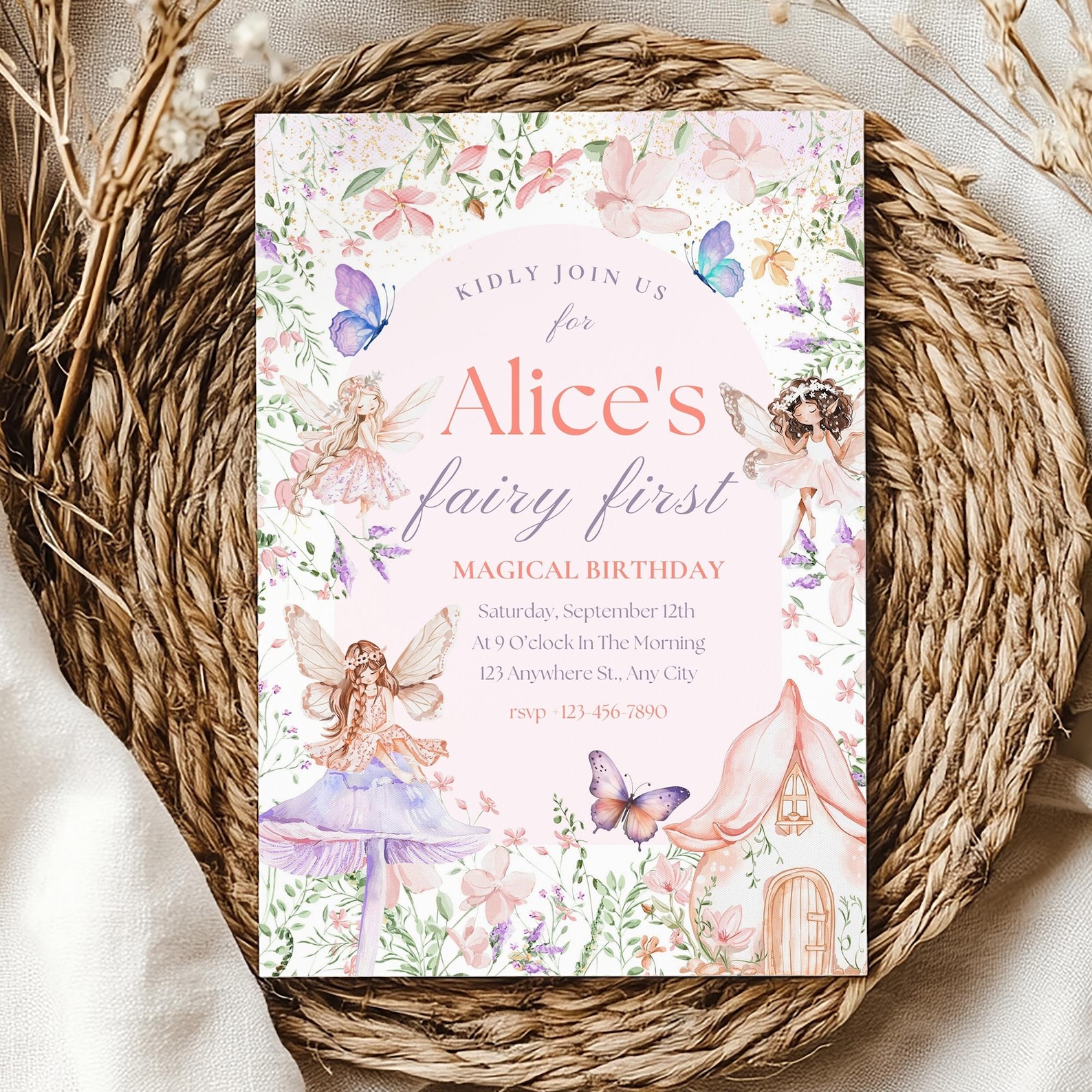 Fairy First Birthday Invitation Template, Pink Fairy Invite Template ...