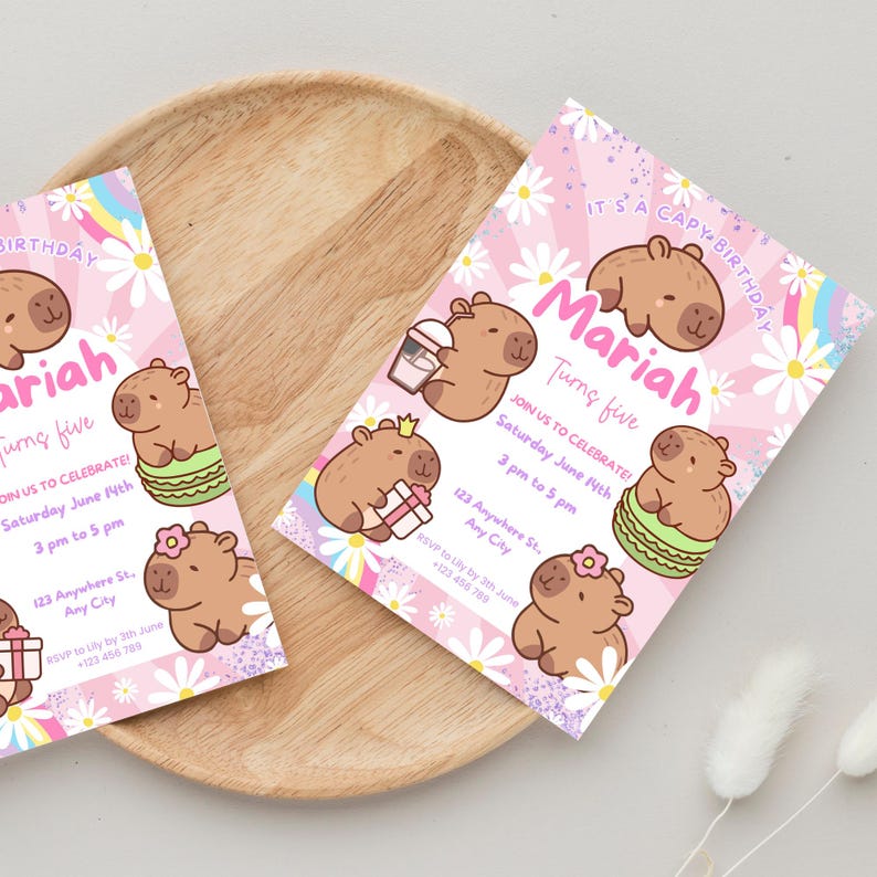 Capybara Birthday Invitation, Cute Pink Capy Birthday, Preppy Smile ...