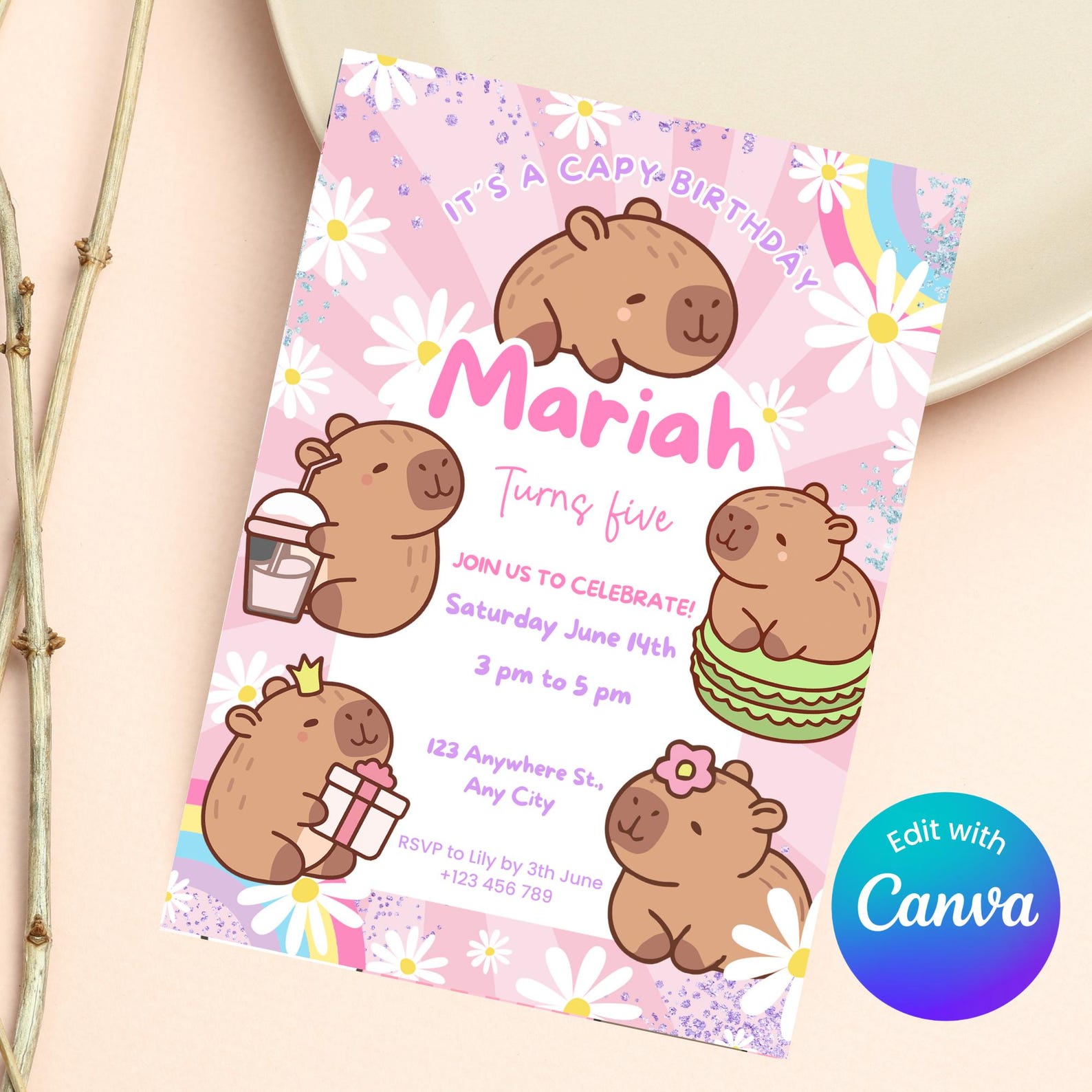 Capybara Birthday Invitation, Cute Pink Capy Birthday, Preppy Smile ...