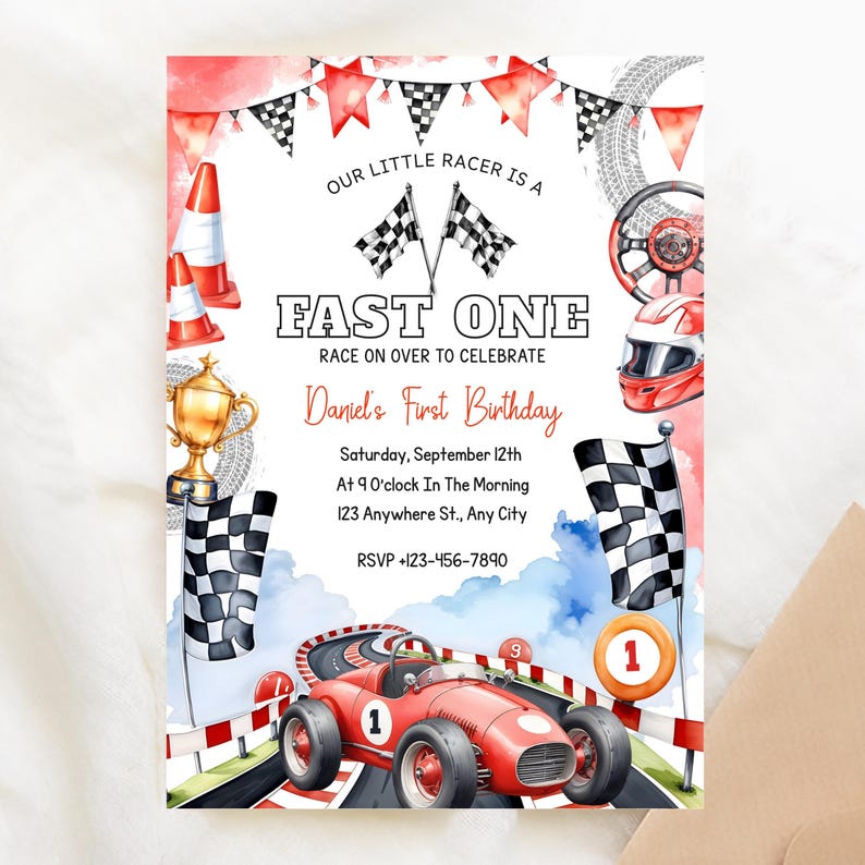 Race Car First Birthday Invitation, Fast ONE Birthday Invitation, Race ...