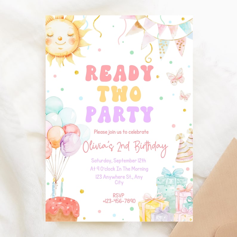 Ready Two Party Invitation Template, Girl 2nd Birthday Invite, Spring ...