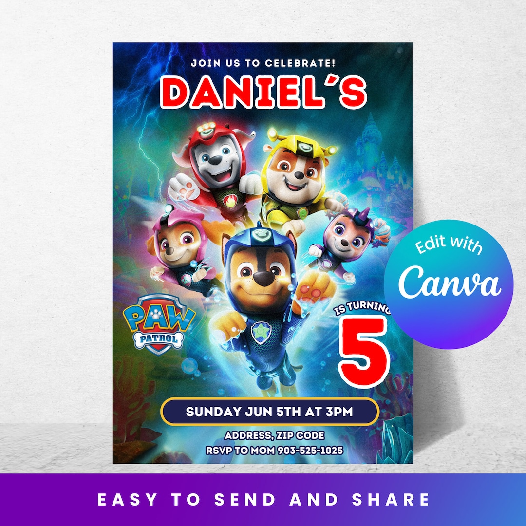 Paw Pool Party Birthday Invitation, Editable Paw Patrol Birthday ...