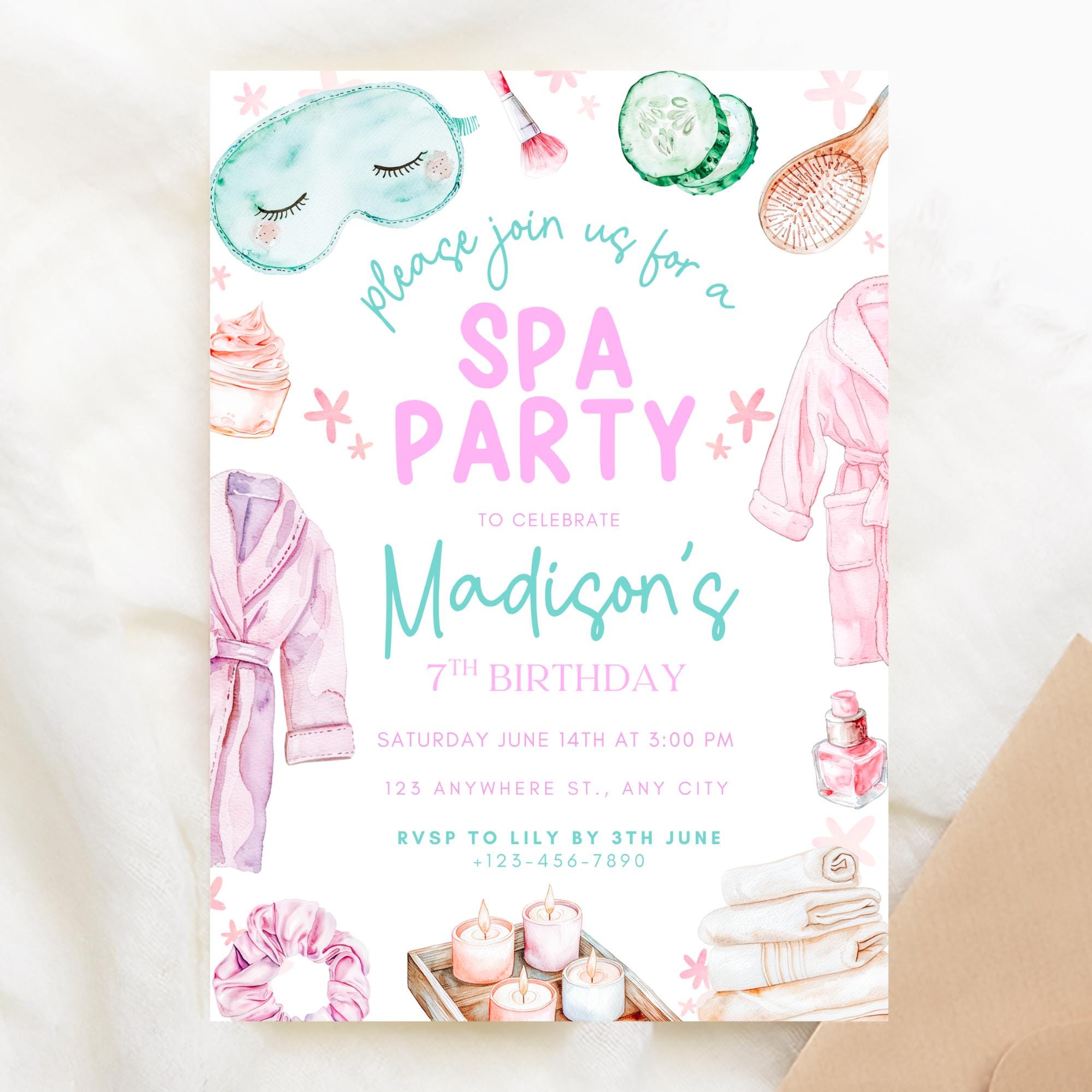 Girls Spa Birthday, Spa Party Birthday Invitation, Pamper Party Invite ...