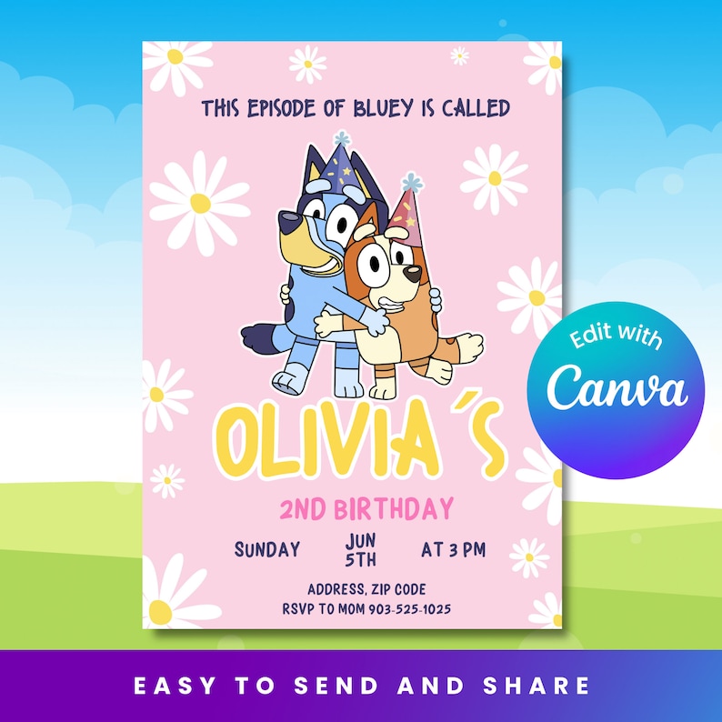 Girl Bluey Birthday Invitation, Digital Bluey Girl Invite Template ...