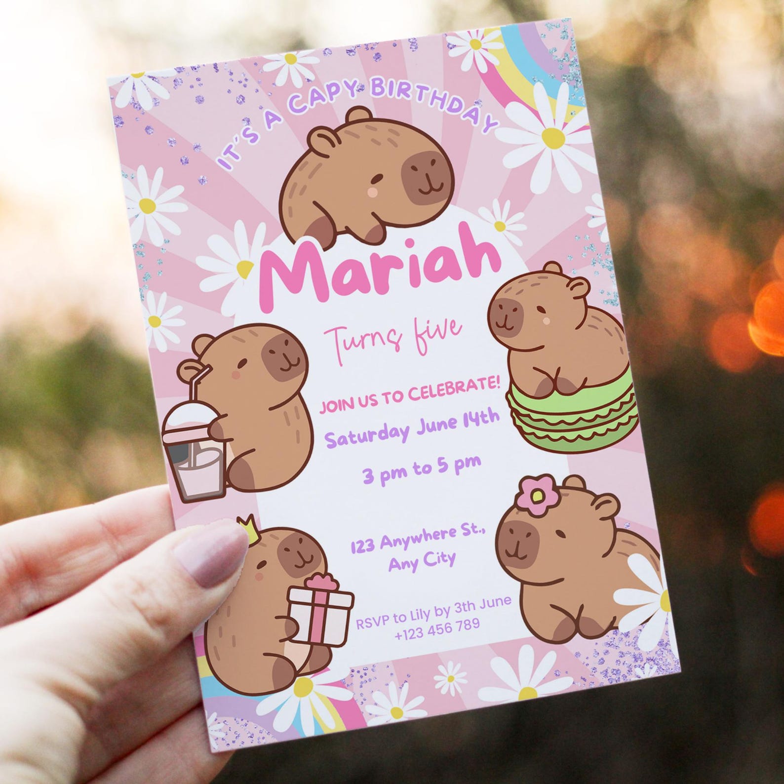 Capybara Birthday Invitation, Cute Pink Capy Birthday, Preppy Smile ...