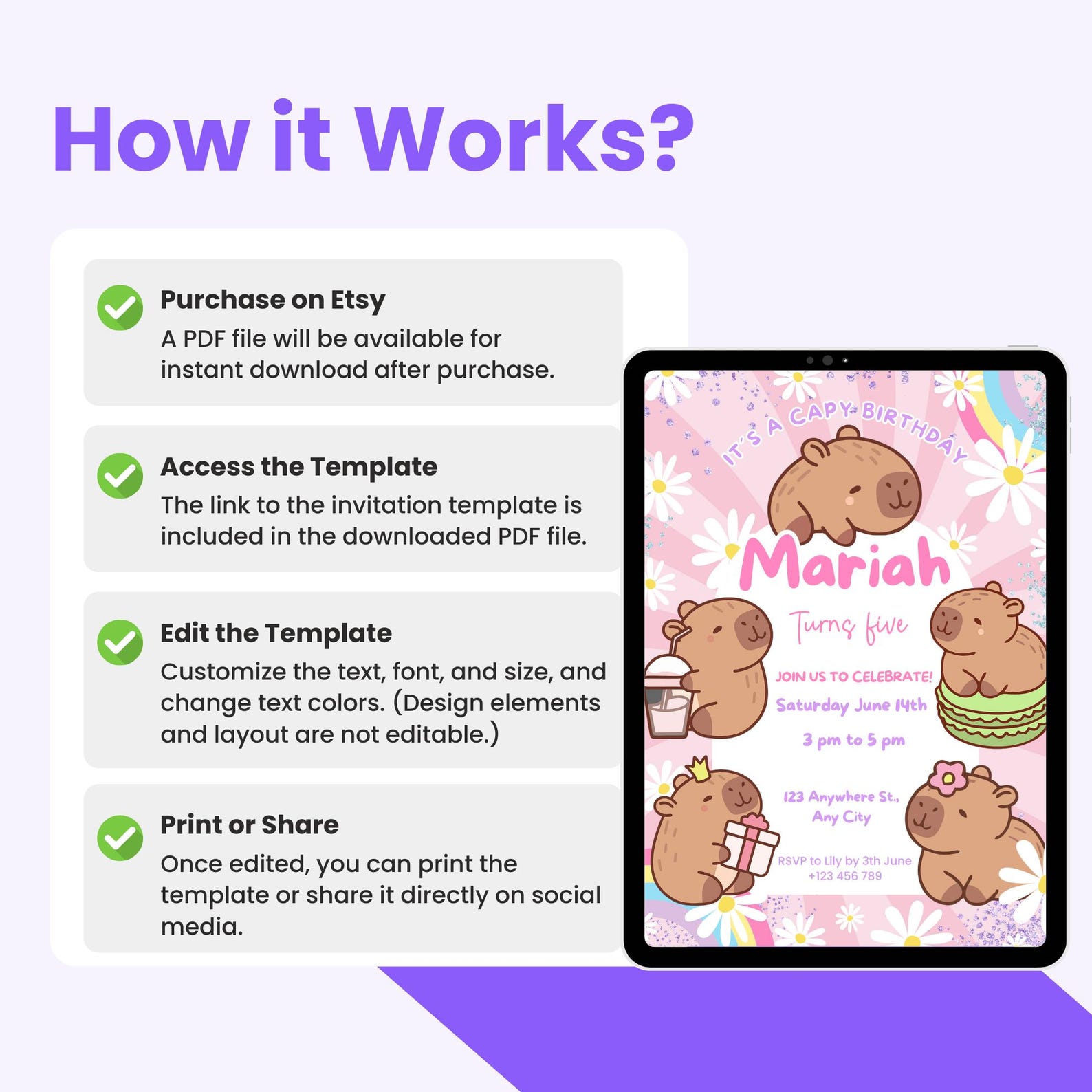 Capybara Birthday Invitation, Cute Pink Capy Birthday, Preppy Smile ...