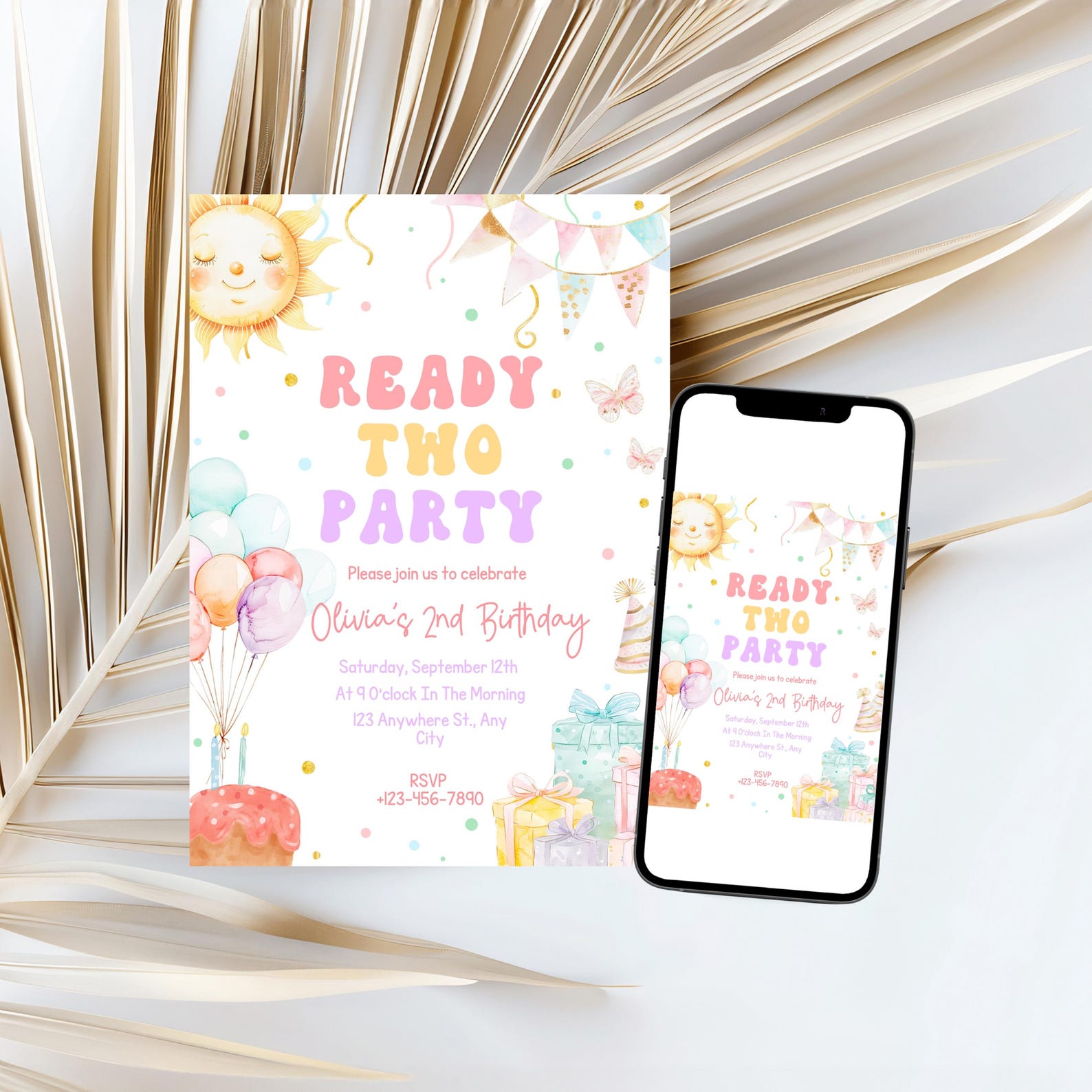 Ready Two Party Invitation Template, Girl 2nd Birthday Invite, Spring ...
