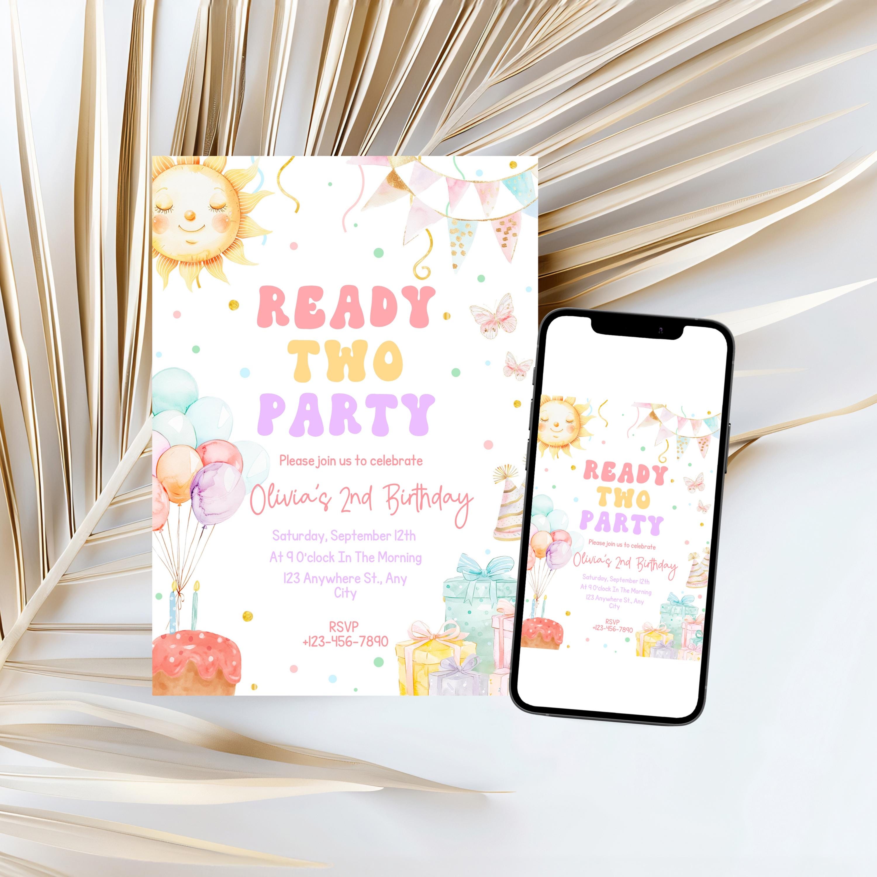 Ready Two Party Invitation Template, Girl 2nd Birthday Invite, Spring ...