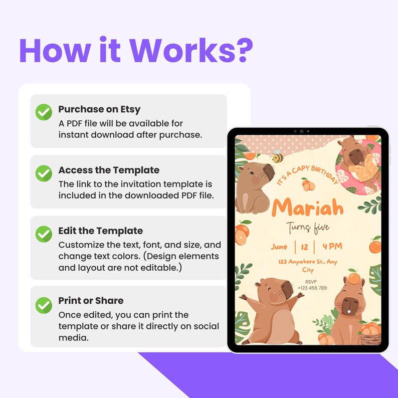 Editable Capybara Invitation , Capybara Birthday , Capy Birthday ...
