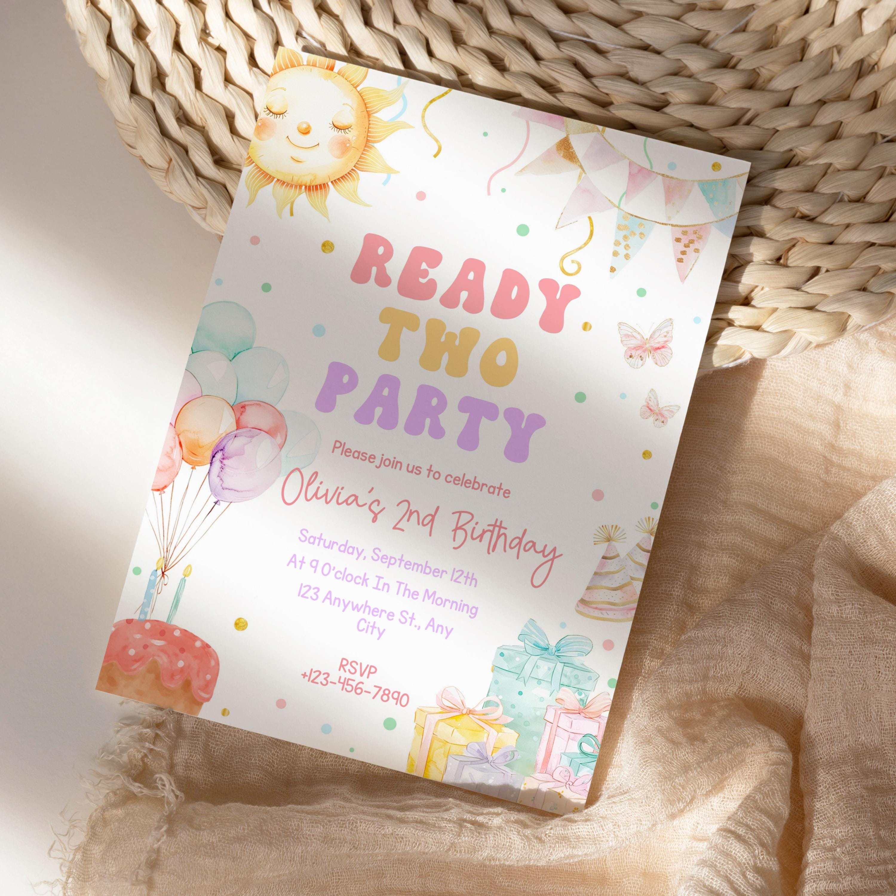 Ready Two Party Invitation Template, Girl 2nd Birthday Invite, Spring ...