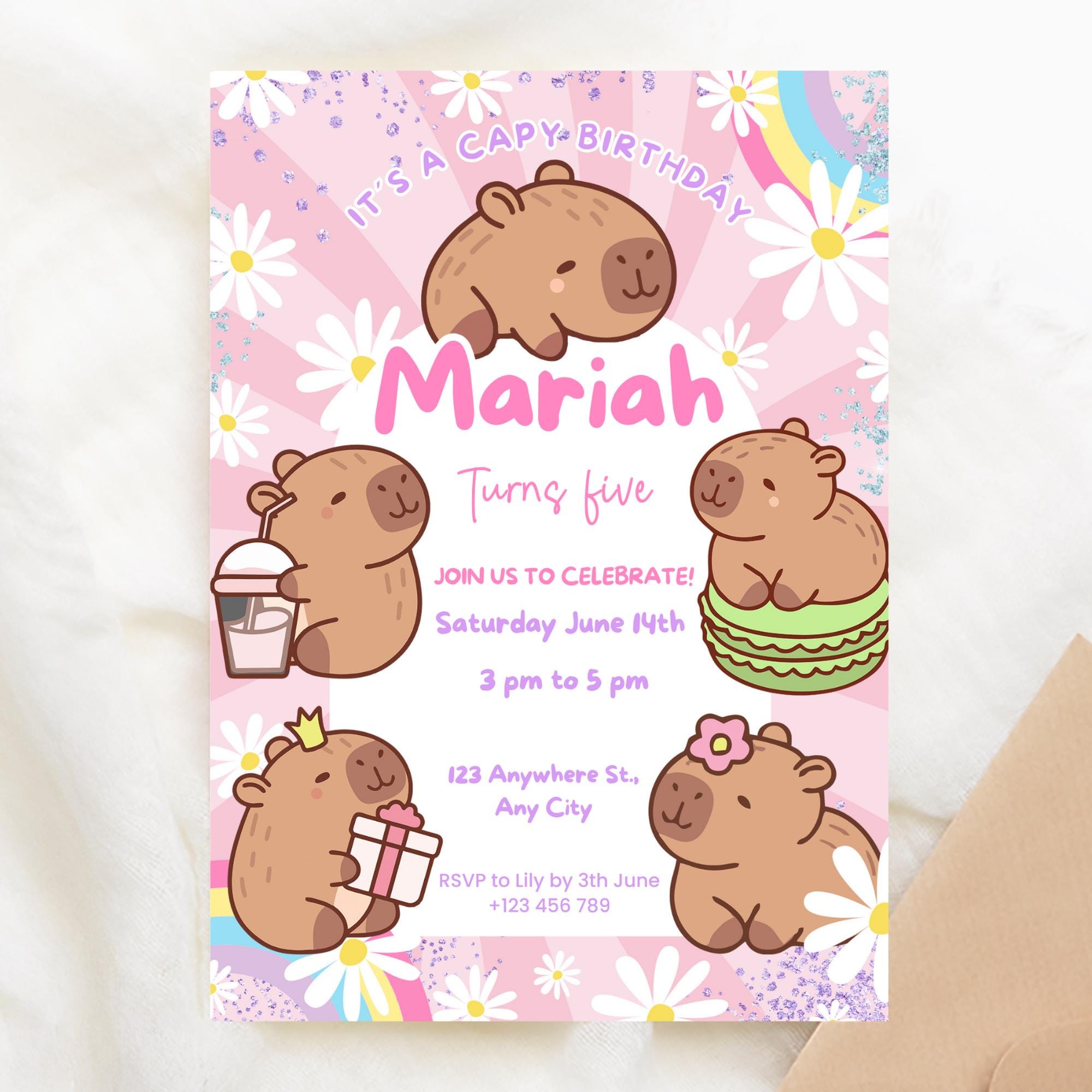 Capybara Birthday Invitation, Cute Pink Capy Birthday, Preppy Smile ...