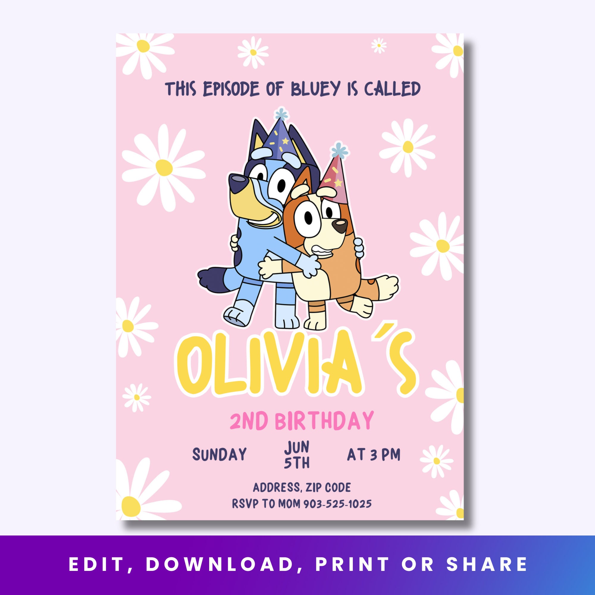 Girl Bluey Birthday Invitation, Digital Bluey Girl Invite Template ...