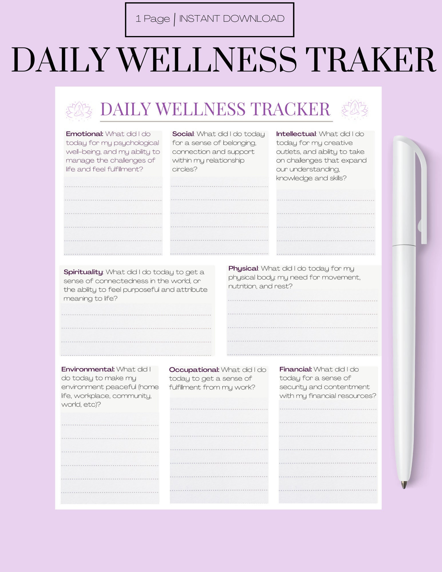Daily Wellness Tracker, Instant Download, Mindfulness Tracker, Daily ...