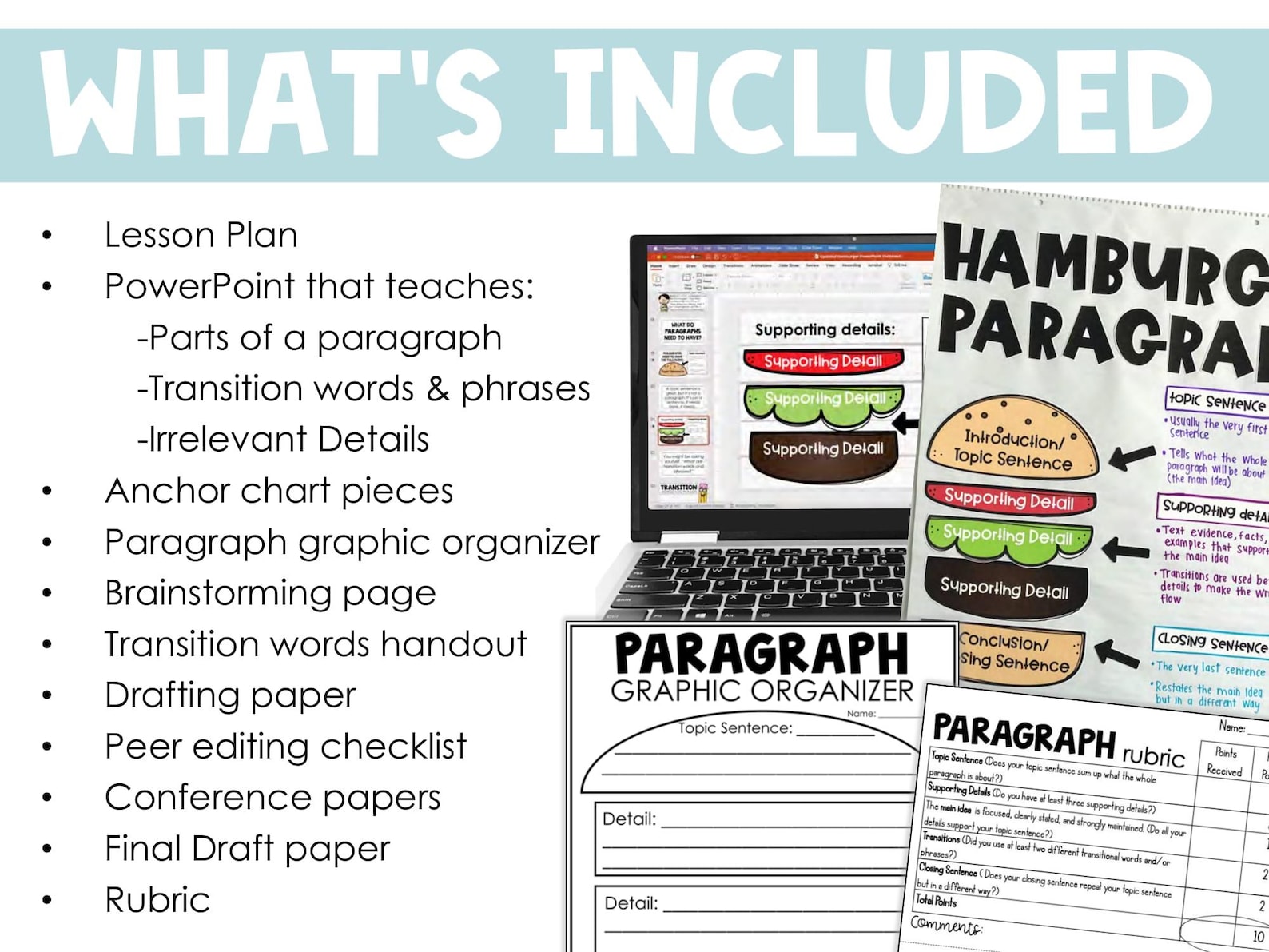 Hamburger Paragraph Unit - Lesson Plan - Anchor Chart - Powerpoint ...