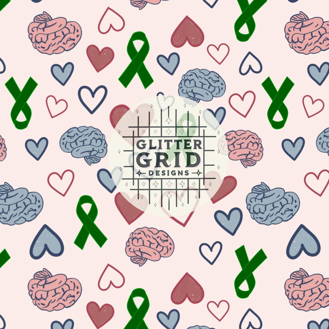 Mental Health Awareness Seamless Pattern: Ribbon, Brain & Heart (PNG ...
