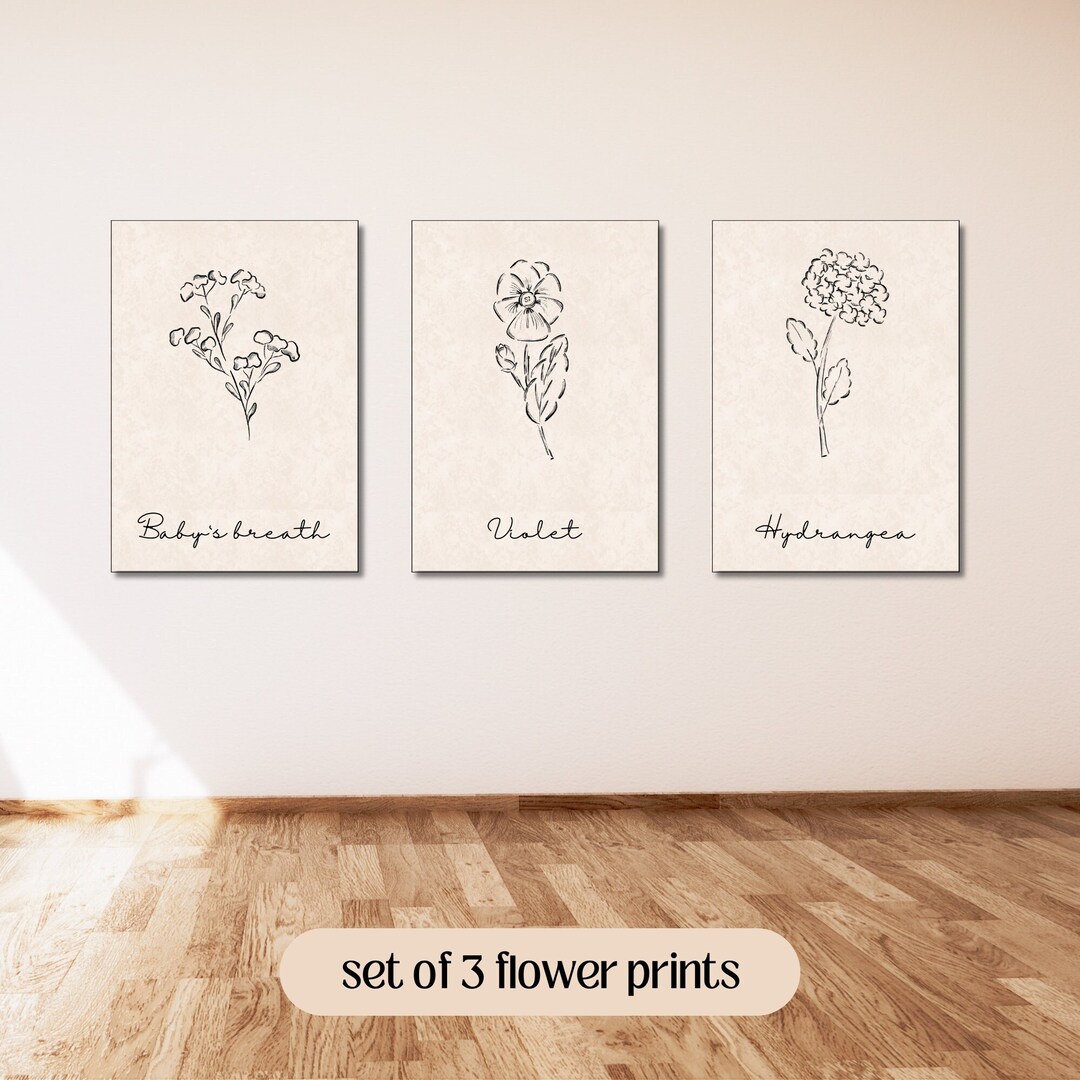 Set of 3 Flower Posters Baby's Breath Violet Hydrangea Wildflowers ...
