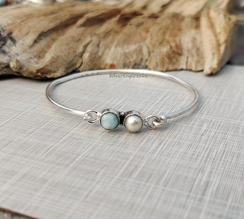 Two Stone Bangle Larimar Pearl Bangle, Solid 925 Sterling Silver Bangle ...