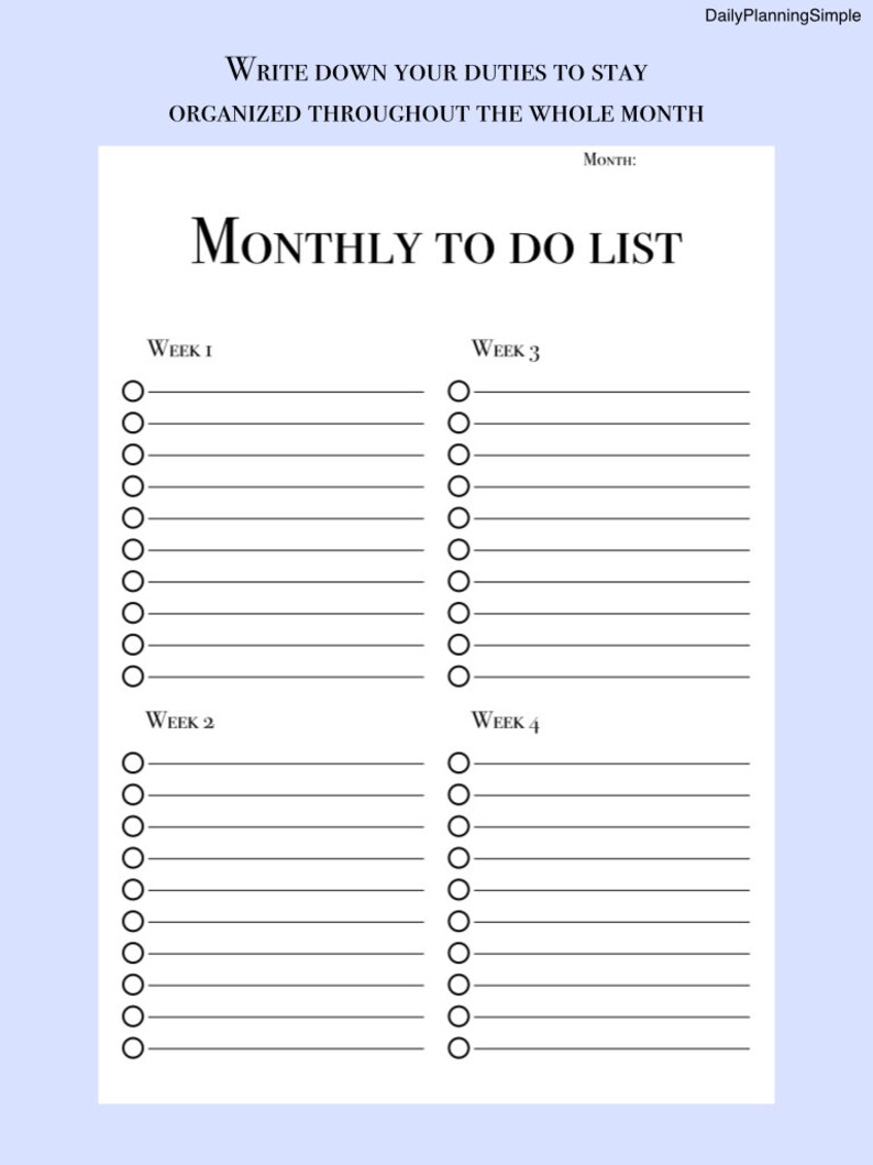 Monthly to Do List Printable to Do List Pdf to Do List - Etsy