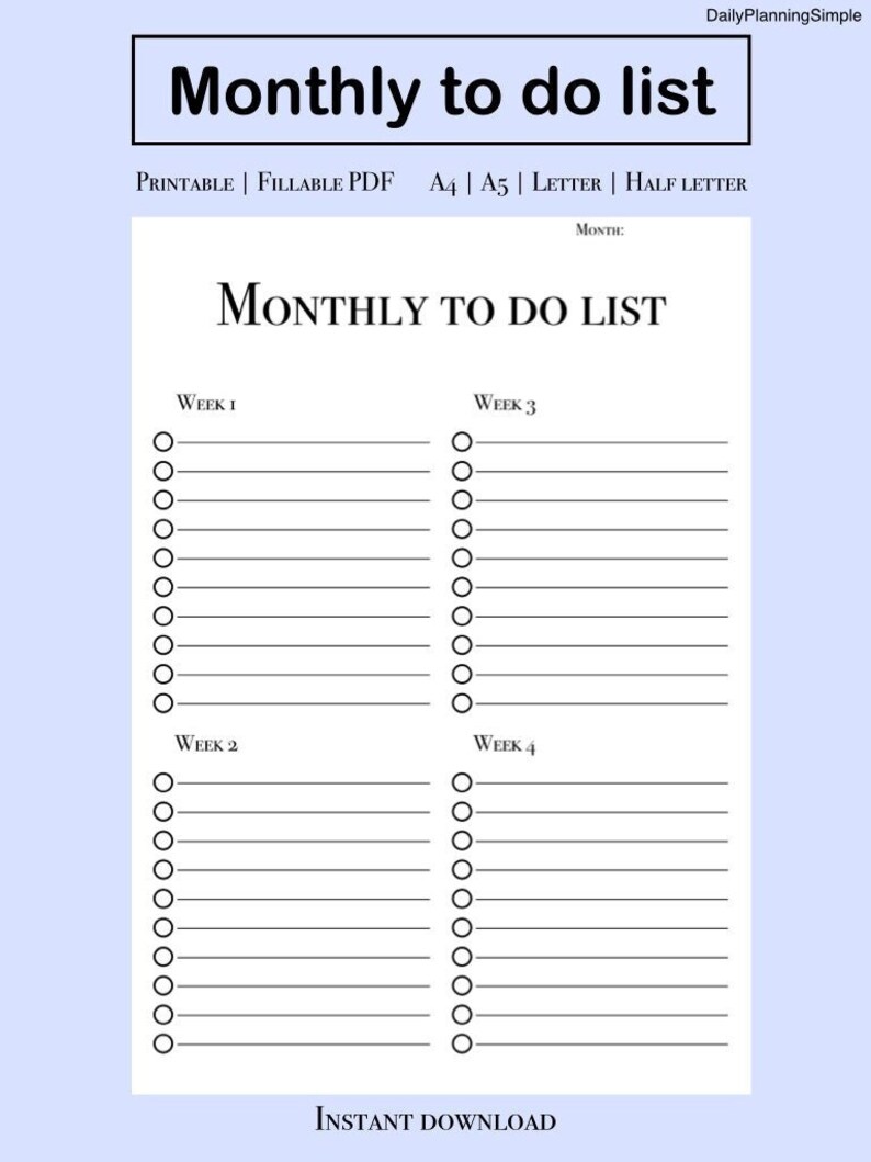 Monthly to Do List Printable to Do List Pdf to Do List - Etsy