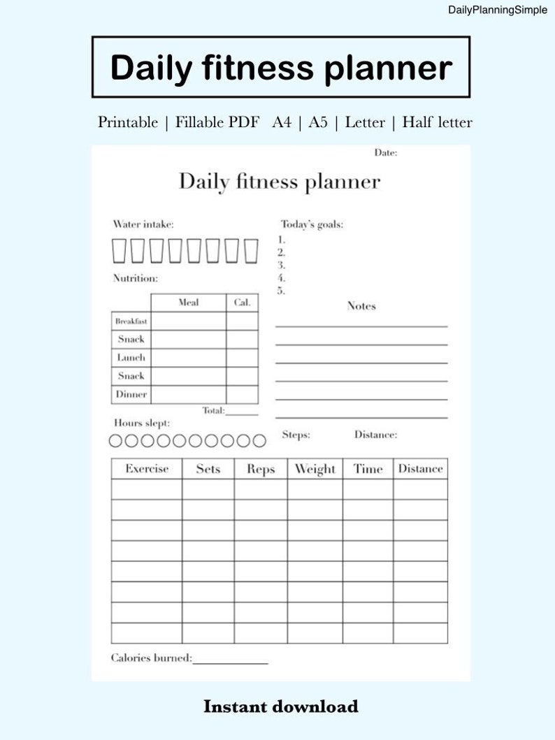 Daily Fitness Planner Printable Daily Fitness Journal - Etsy