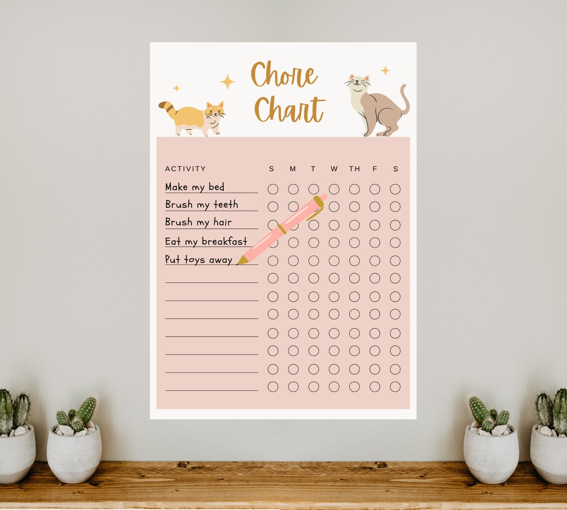 Printable Weekly Kids Cat Chore Chart, Reward Chore Chart for Children ...