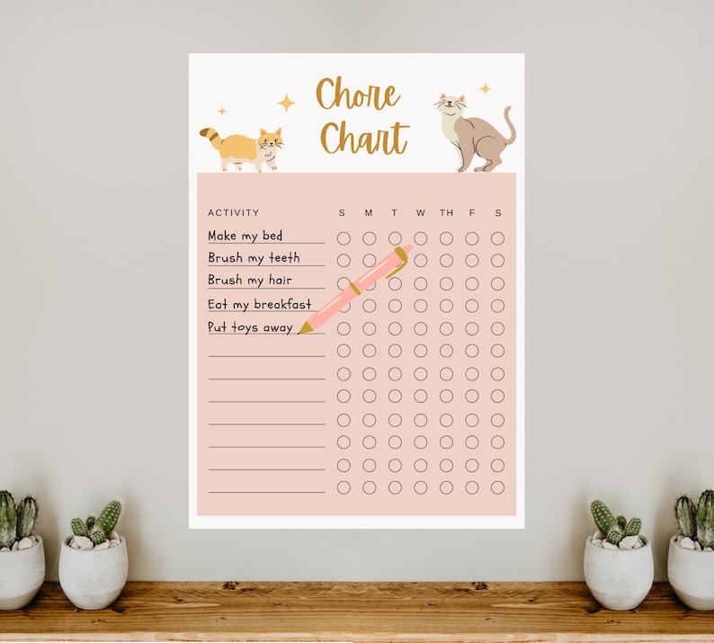 Printable Weekly Kids Cat Chore Chart, Reward Chore Chart for Children ...